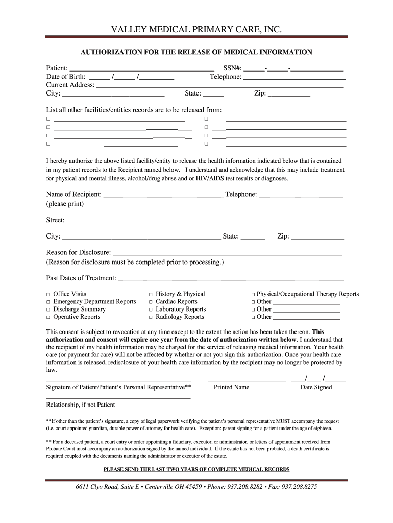 Fillable Online VALLEY MEDICAL PRIMARY CARE, INC. Fax Email Print ...