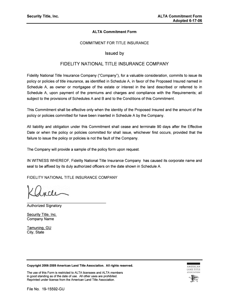 Fillable Online Security Title, Inc. ALTA Commitment Form ALTA ...