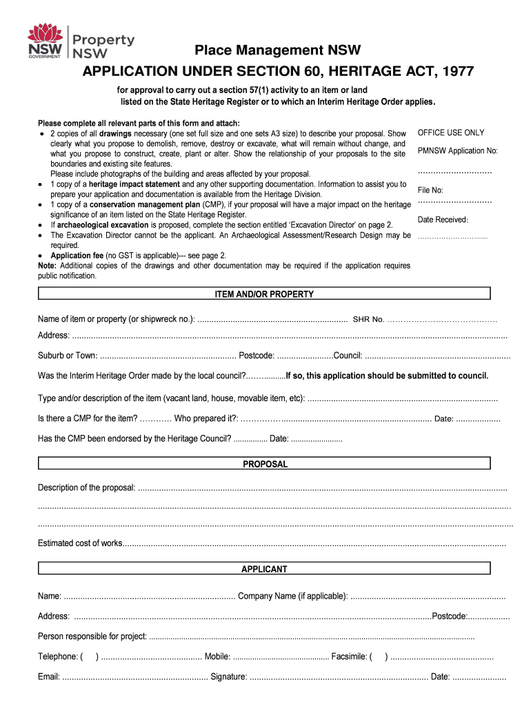 Fillable Online Place Management NSW APPLICATION UNDER SECTION 60 ... Fax Email Print - pdfFiller