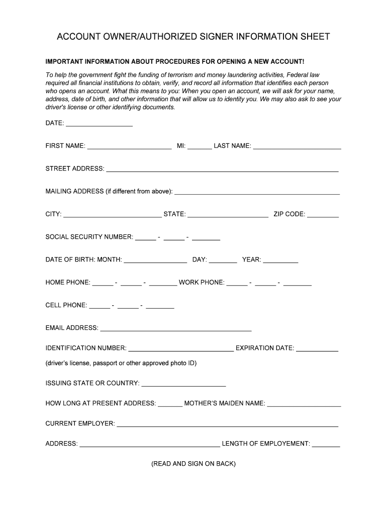 Fillable Online Account Owner/Authorized Signer Information Sheet Fax ...