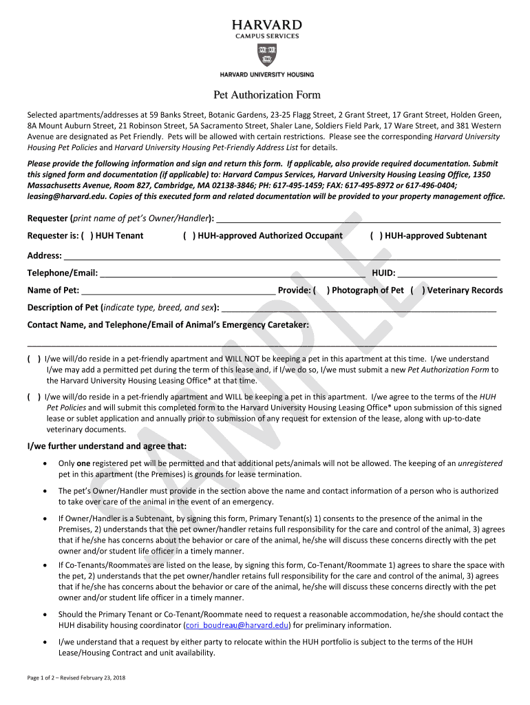 Fillable Online huhousing harvard Pet Authorization Form Fax Email ...