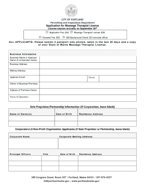 Fillable Online Application for Massage Therapist License Sole ...