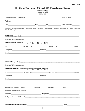 Fillable Online 2018 - 2019 St. Peter Lutheran 3K and 4K Enrollment ...