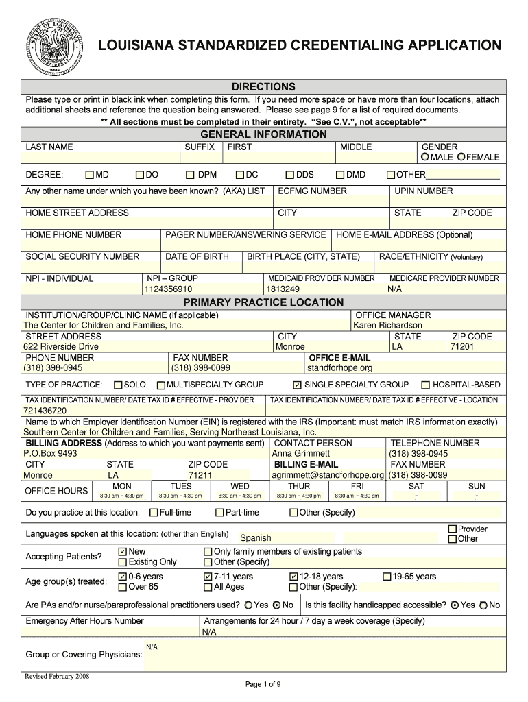 Fillable Online Louisiana Standardized Credentialing Application Form ...