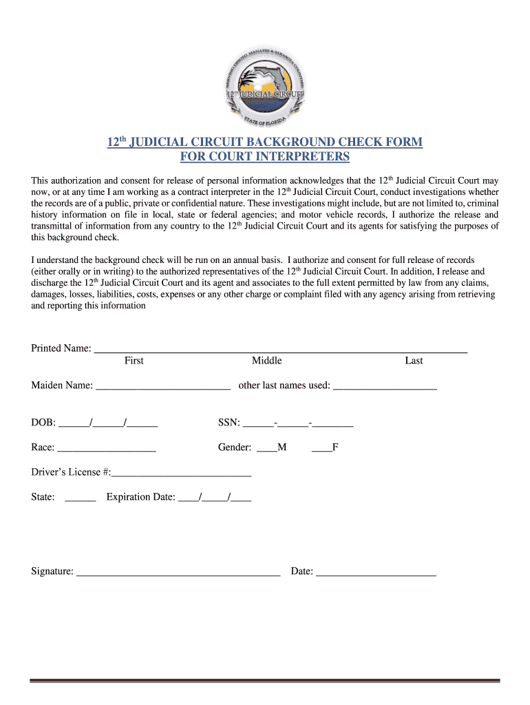 Fillable Online 12th JUDICIAL CIRCUIT BACKGROUND CHECK FORM Fax Email ...