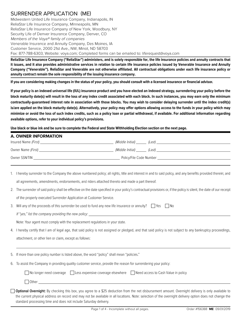 Fillable Online Surrender Application (ME) Fax Email Print - pdfFiller