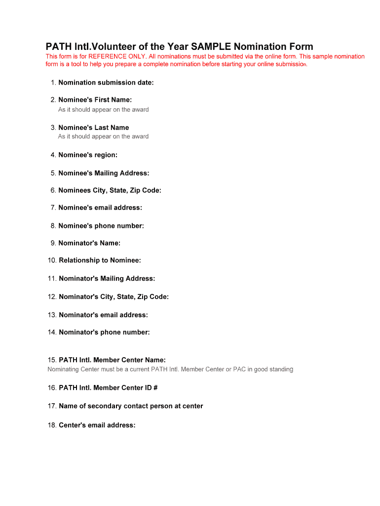 Fillable Online PATH Intl.Volunteer of the Year SAMPLE Nomination Form ...