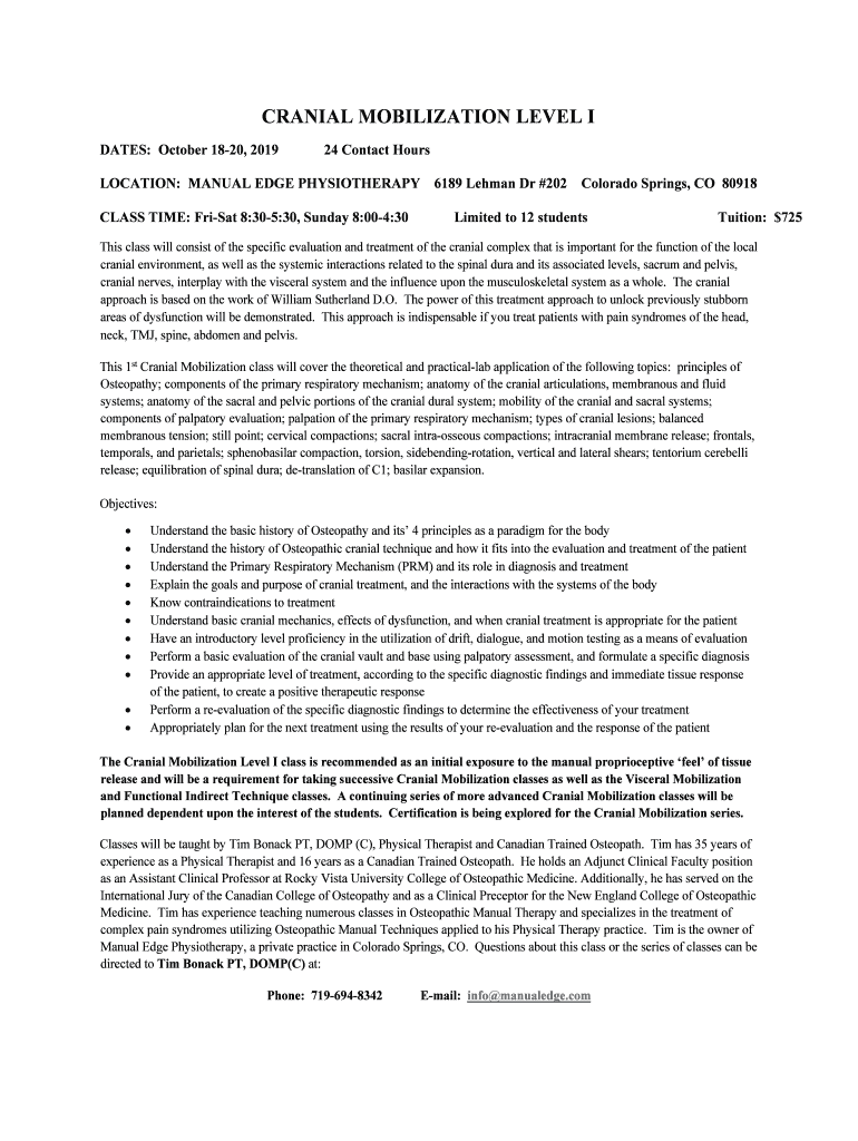 Fillable Online CRANIAL MOBILIZATION I REGISTRATION FORM 10-2019 Fax ...