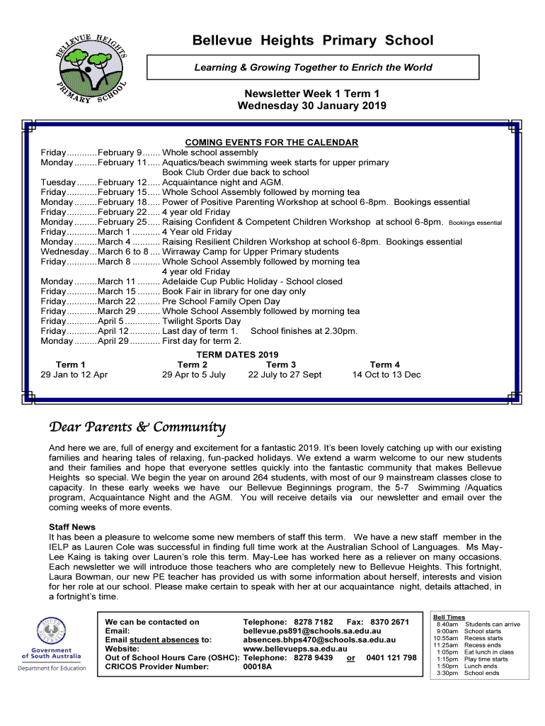 Fillable Online Dear Parents & Community Bellevue Heights Primary ...