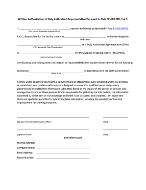 Fillable Online Written Authorization of Duly Authorized Representative ...