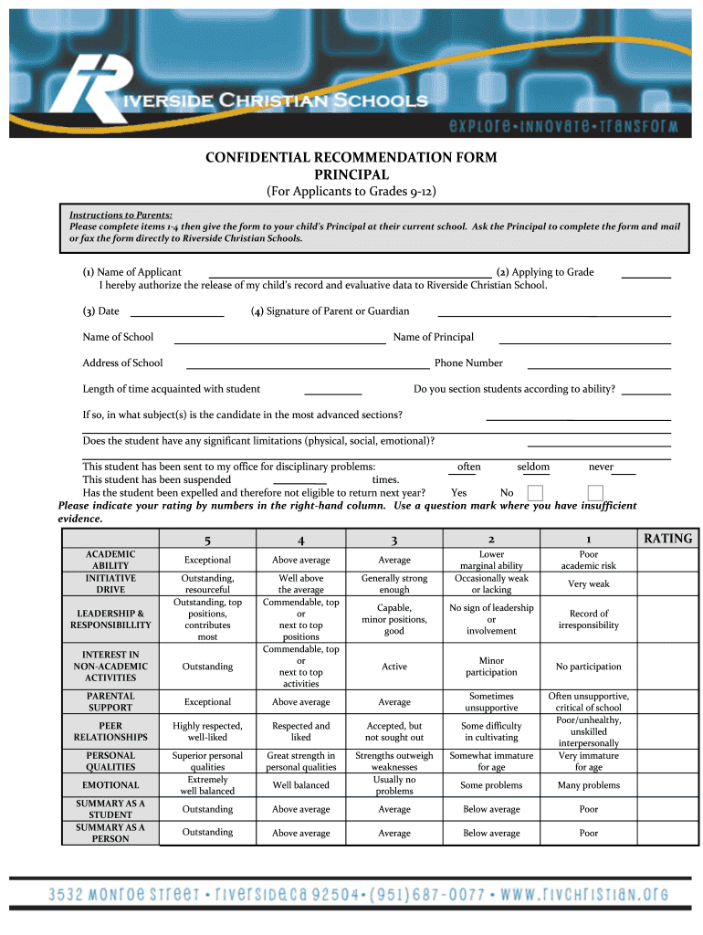 Fillable Online CONFIDENTIAL RECOMMENDATION FORM PRINCIPAL (For Fax ...