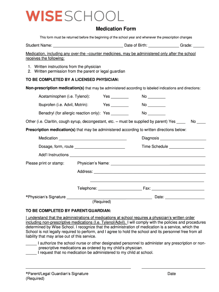 Fillable Online Medication Form - wise-school.org Fax Email Print ...