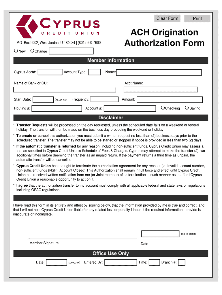 Fillable Online Cyprus CU - ACH Origination Authorization Form Fax ...