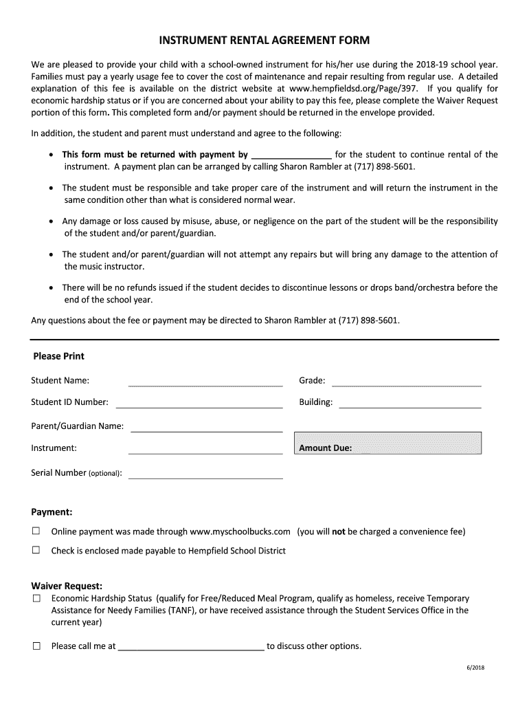 Fillable Online Hempfield School District Instrument Rental Agreement ...