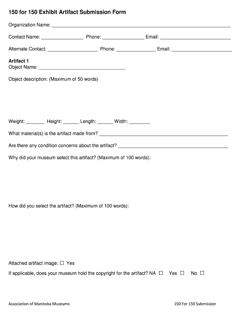 Fillable Online 150 for 150 Exhibit Artifact Submission Form Fax Email ...