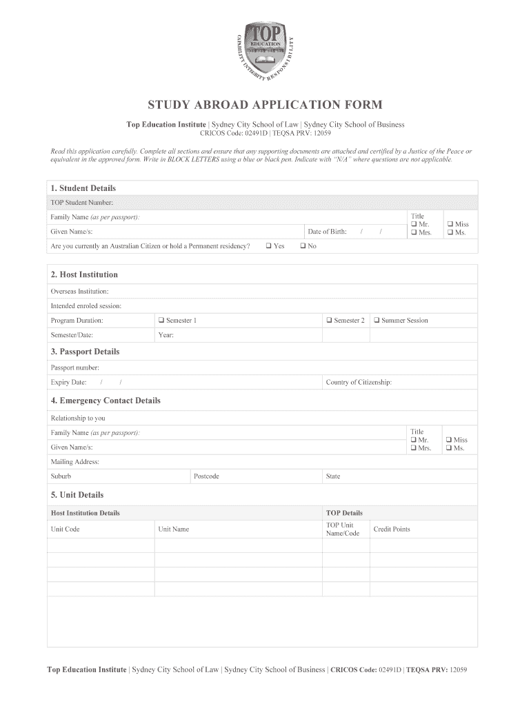 Fillable Online Study Abroad Application Form - Top Education Fax Email ...