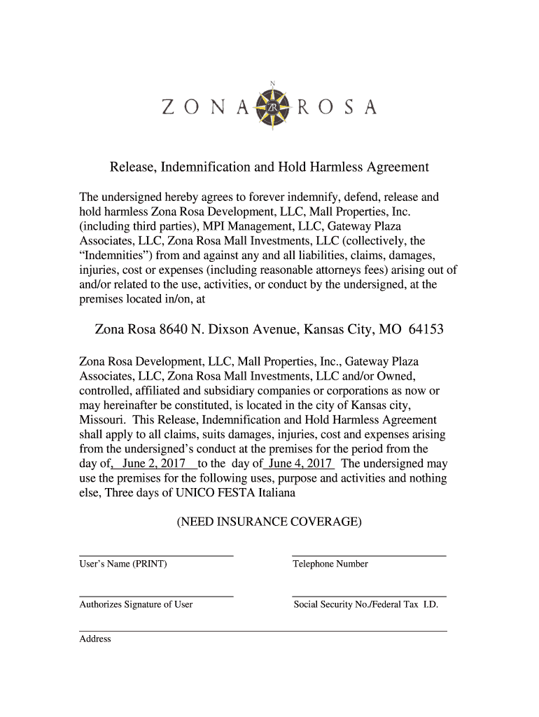 Fillable Online Release, Indemnification and Hold Harmless Agreement Zona ... Fax Email Print ...