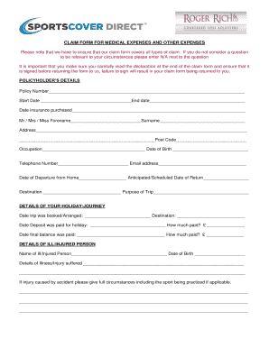 Fillable Online Medical Expenses Claim - SportsCover Direct Fax Email ...