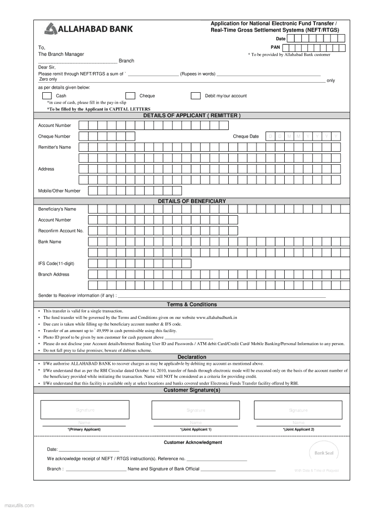 Allahabad Bank Rtgs Form - Fill Online, Printable, Fillable, Blank ...