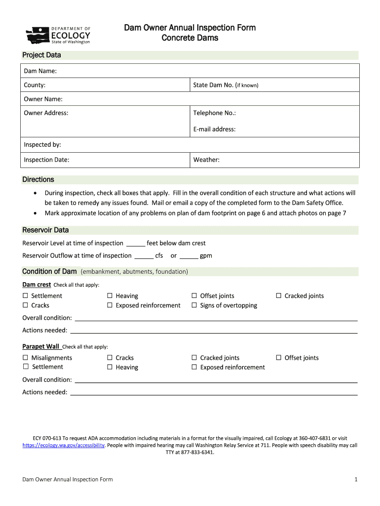 Fillable Online fortress wa Dam Owner Inspection form - Earthen Dam - Access WA.gov Fax Email ...