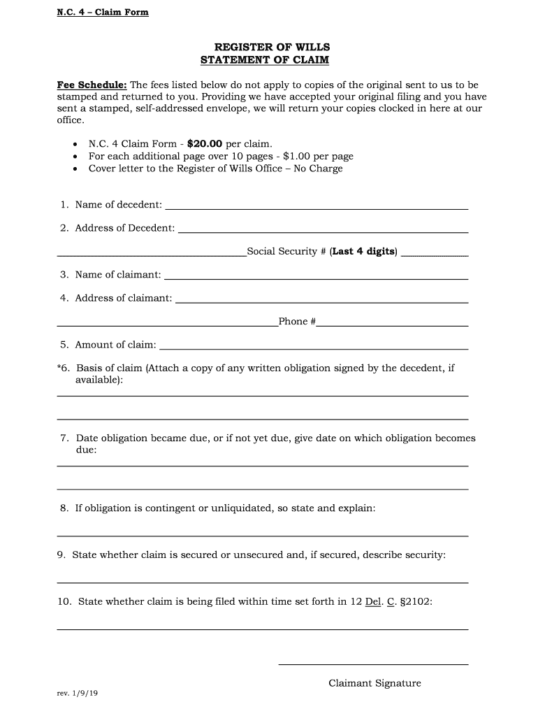 Fillable Online Form No. N.C. 4 Statement of Claim revised 1-9-19 (PDF ...