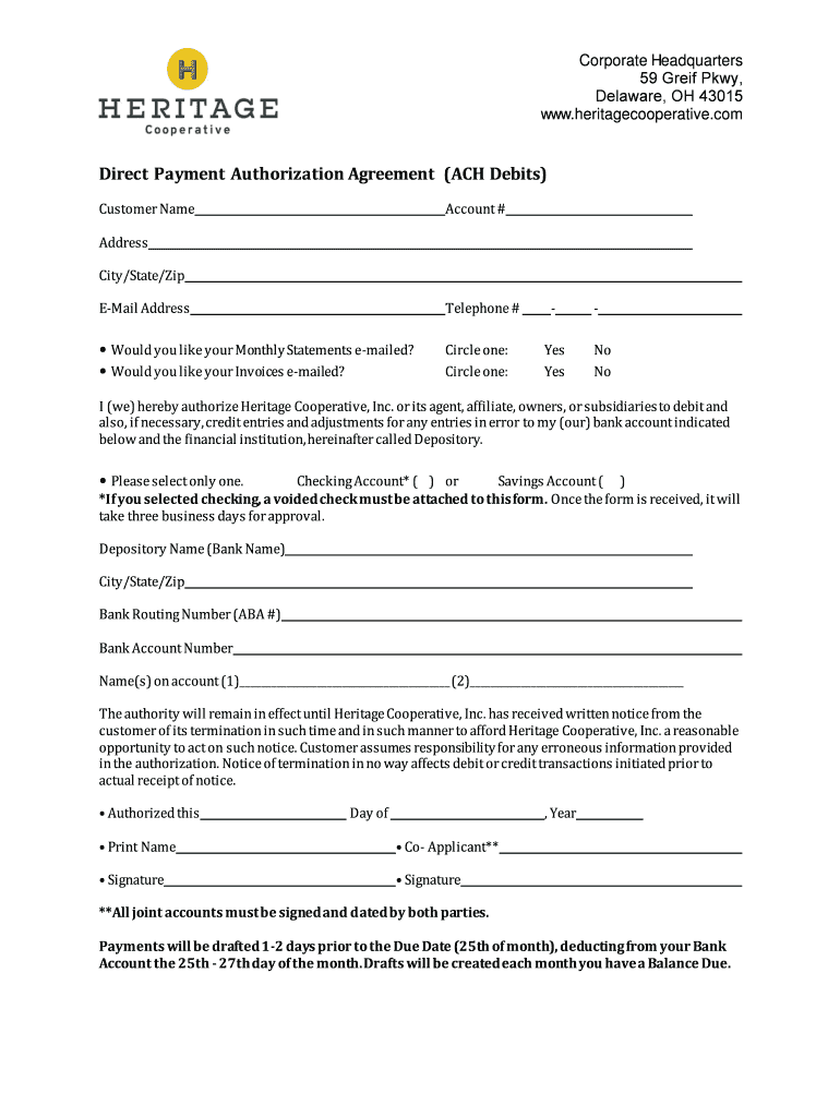 Fillable Online Direct Payment Authorization Agreement - Heritage Cooperative Fax Email Print ...