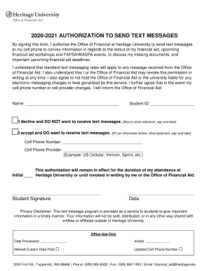 Fillable Online 2020-2021 authorization to send text messages ...