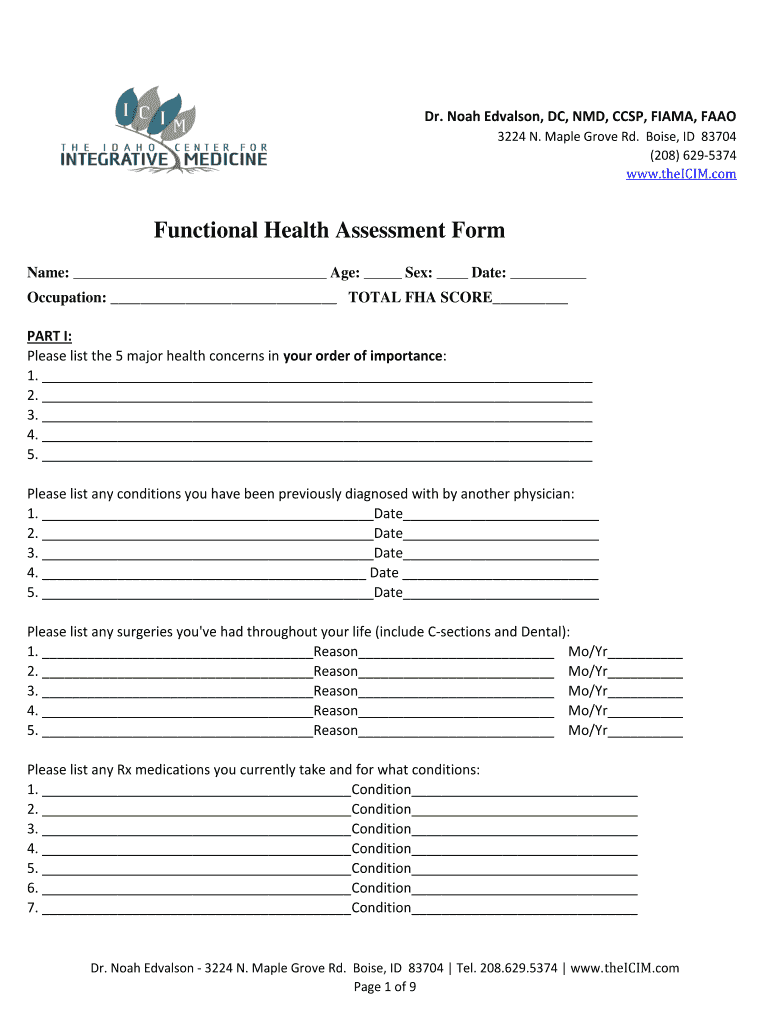 Fillable Online Functional Health Assessment Form - Idaho Center for ...