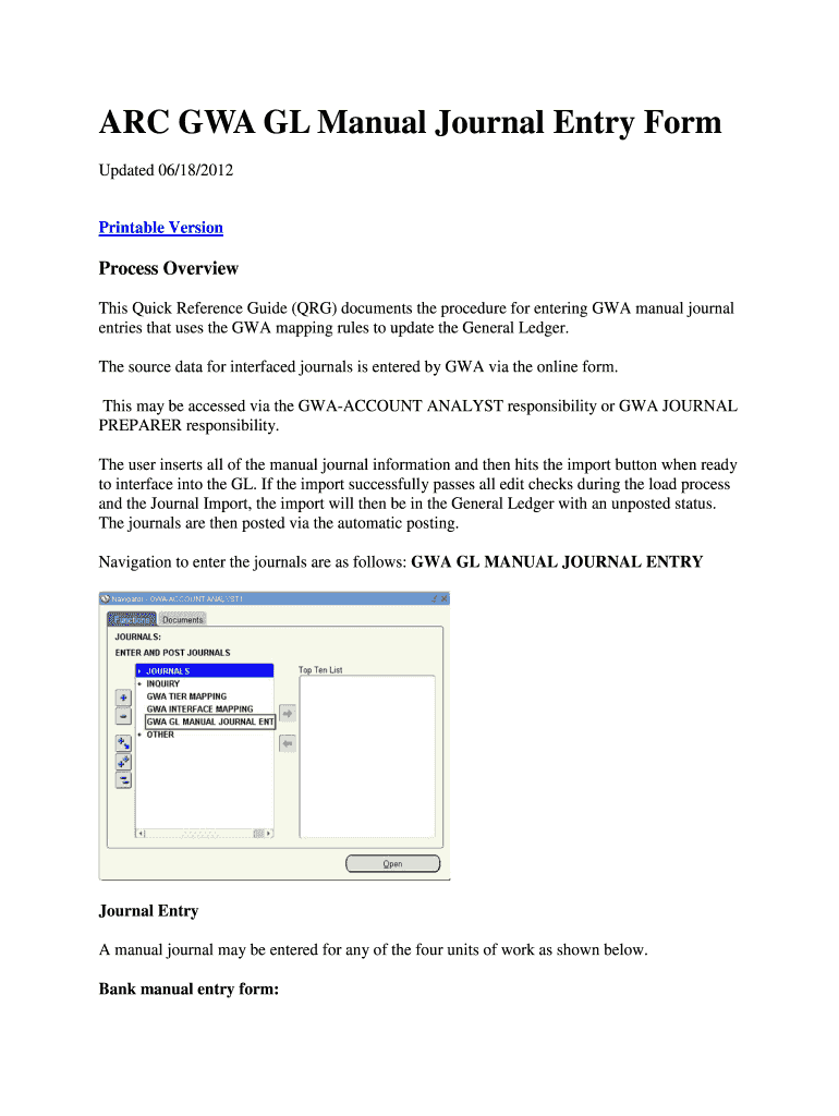Fillable Online ARC GWA GL Manual Journal Entry Form Fax Email Print ...