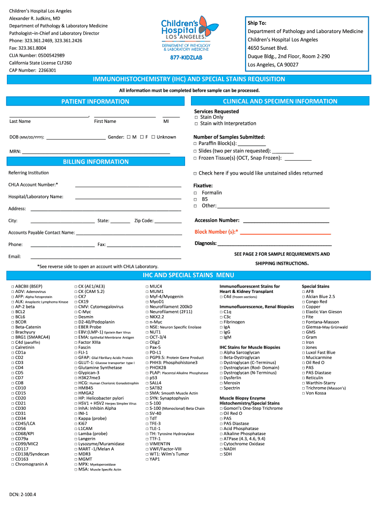 Fillable Online IHC and Special Stain Requisition - Children's Hospital ...