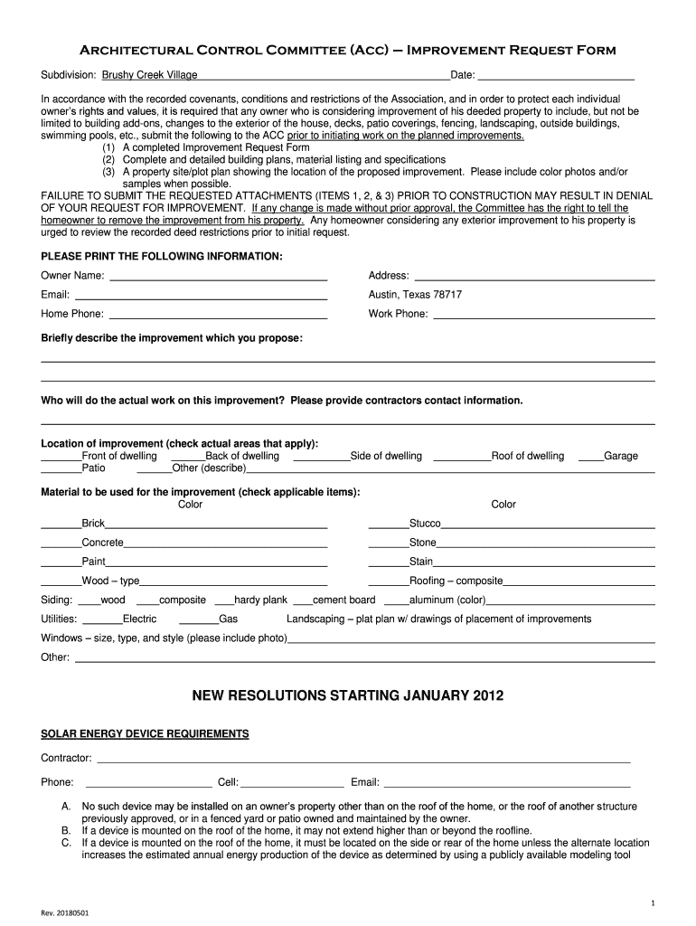 Fillable Online Architectural Control Committee Request Form - Woods of ...