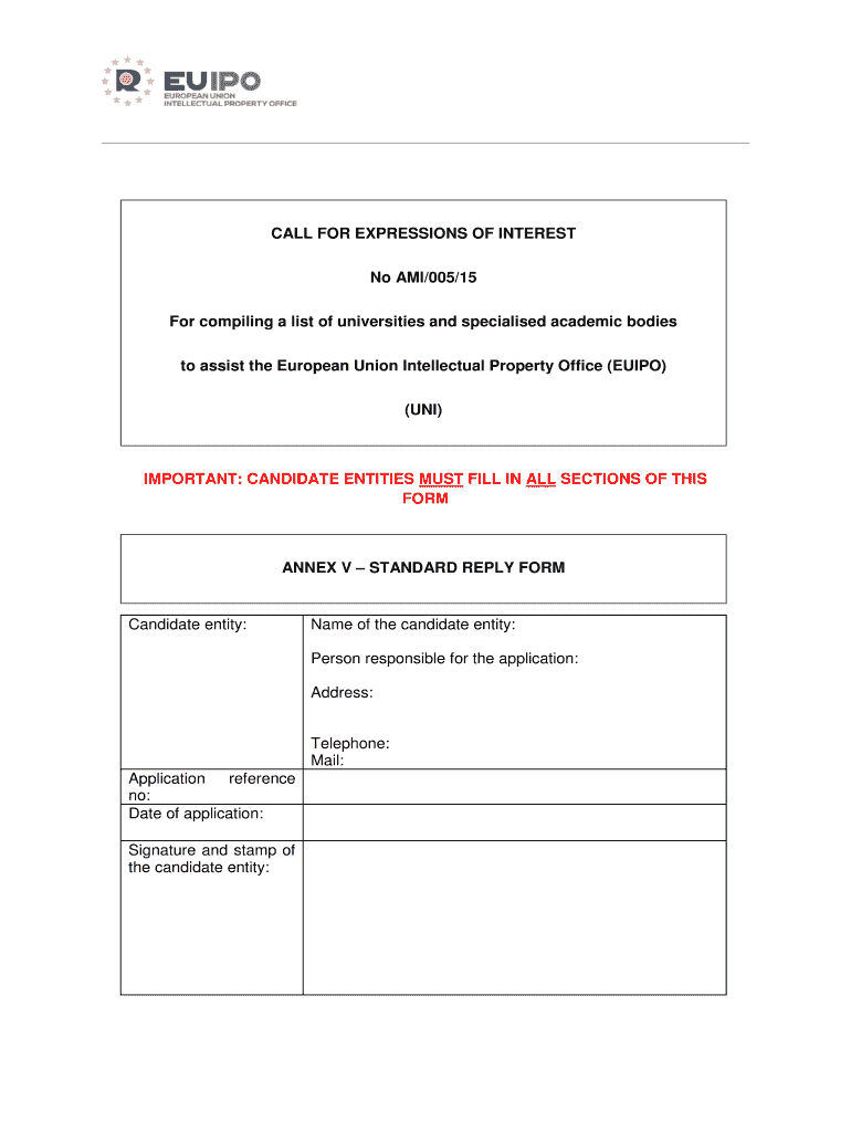 Fillable Online euipo europa Annex V Standard Reply Form Fax Email Print - pdfFiller