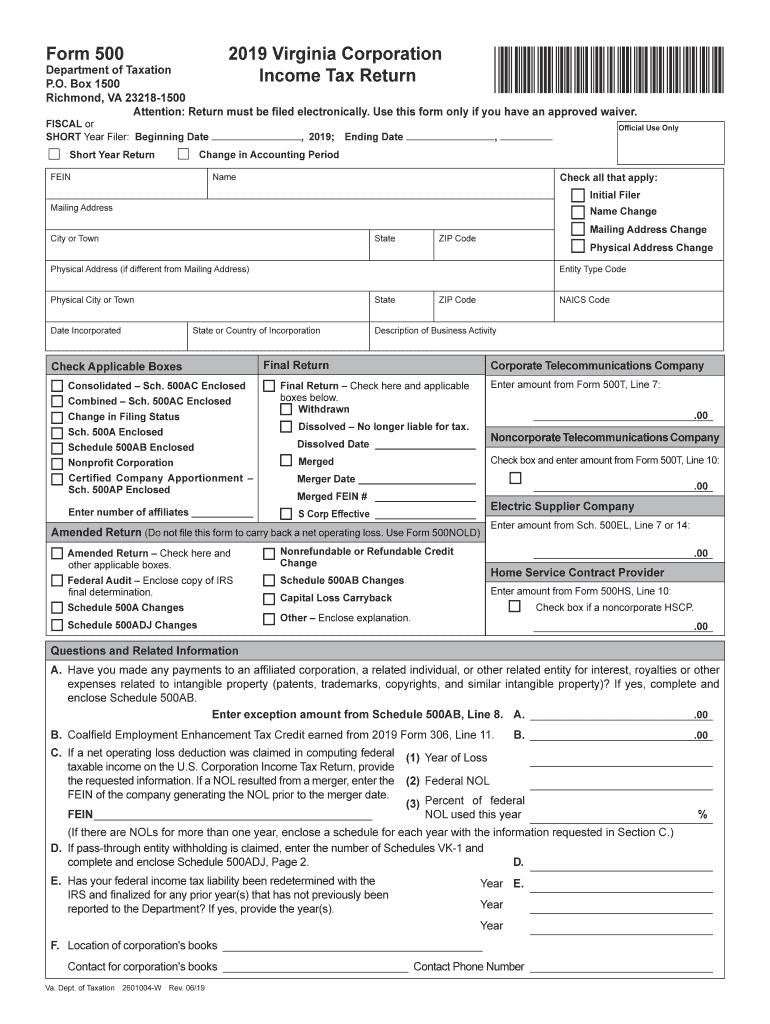 Fillable Online 2019 Form 500 - Virginia Corporation Income Tax Return ...