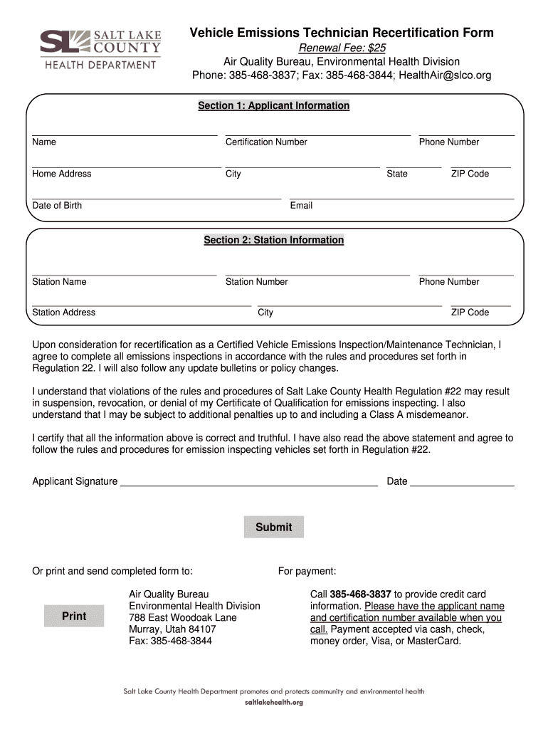 Vehicle Emissions Technician Recertification Form - Fill and Sign ...