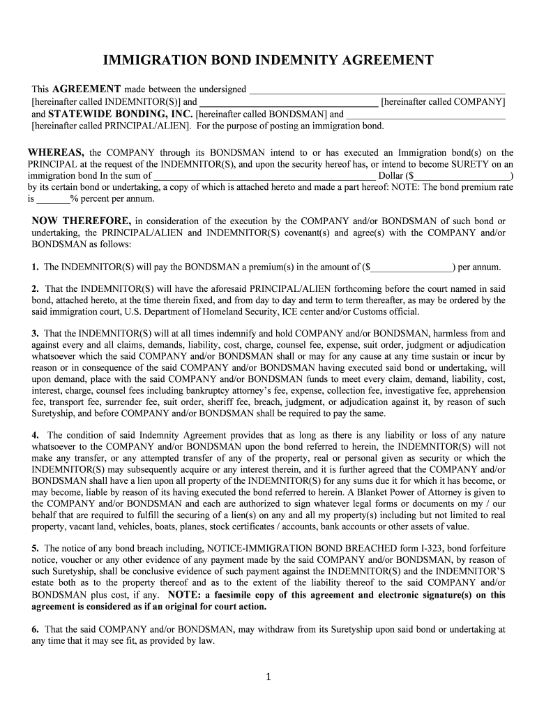 Fillable Online immigration bond indemnity agreement - Statewide ...