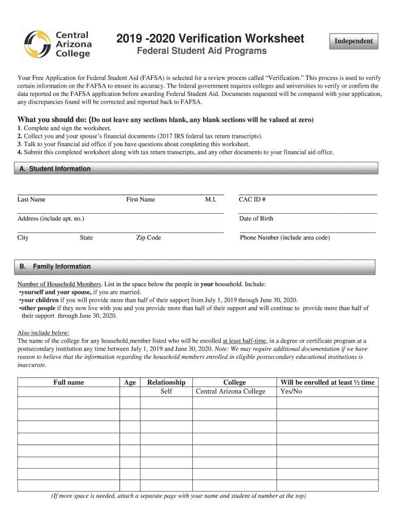 Fillable Online 2019 -2020 Verification Worksheet Fax Email Print - pdfFiller