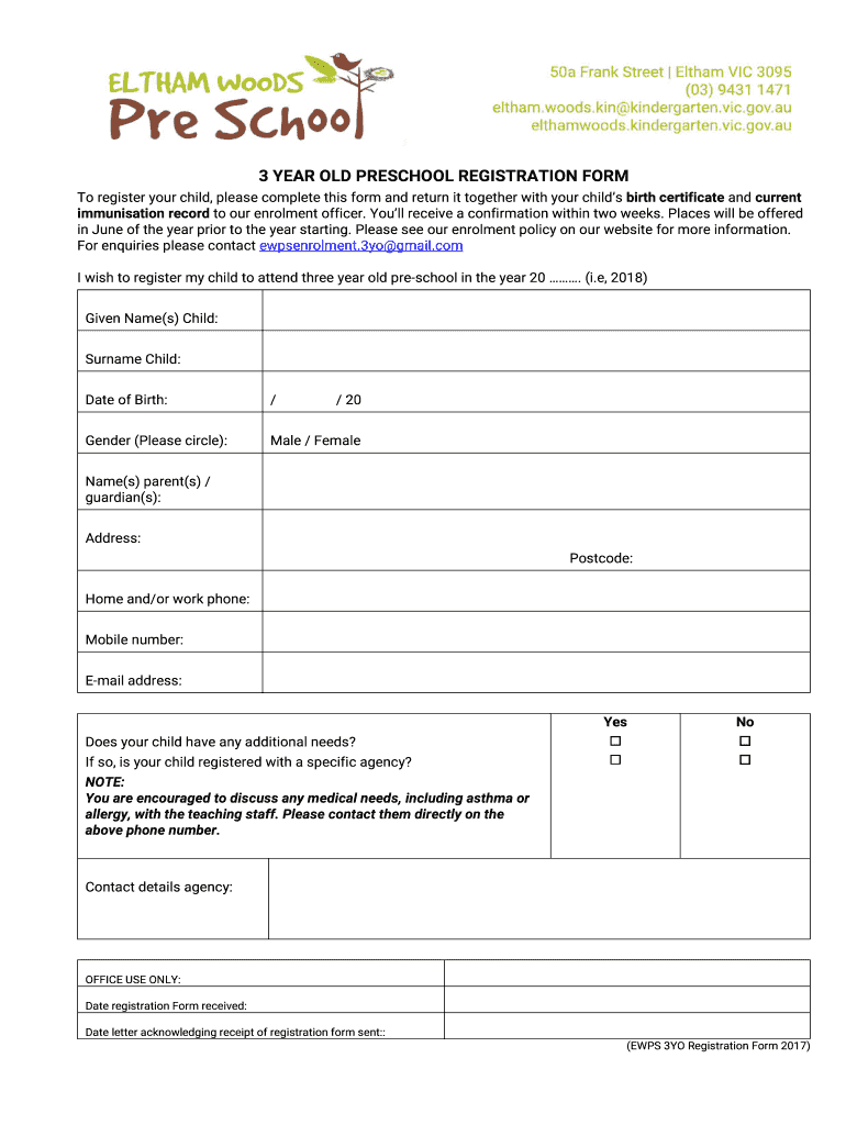 Fillable Online 3 year old preschool registration form - Eltham Woods Preschool Fax Email Print ...