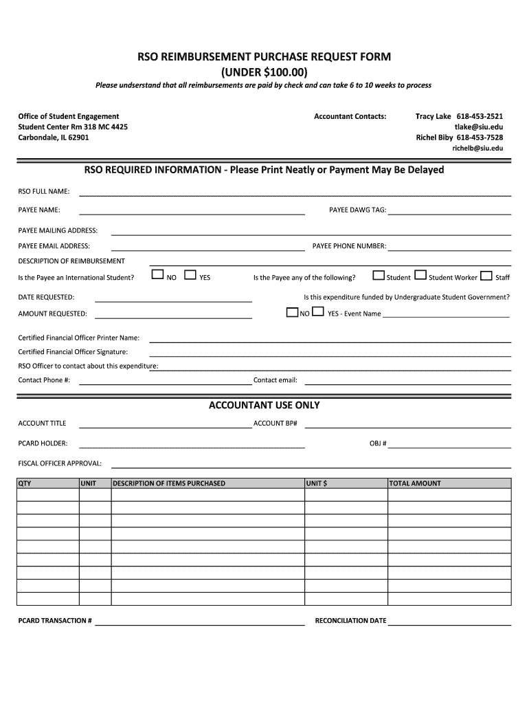 Fillable Online getinvolved siu rso reimbursement purchase request form ...