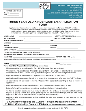 Fillable Online THREE YEAR OLD KINDERGARTEN APPLICATION FORM Fax Email ...