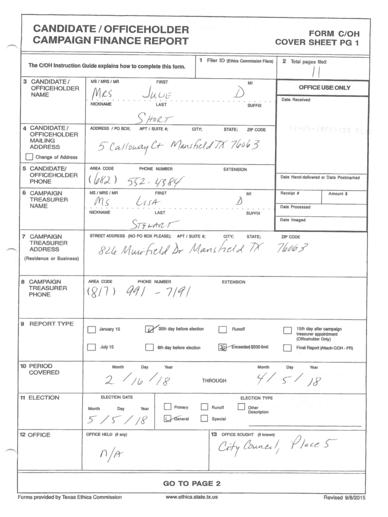 Fillable Online l CANDIDATE I OFFICEHOLDER C/OH CAMPAIGN FINANCE REPORT ...