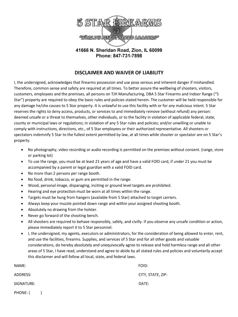 Fillable Online DISCLAIMER AND WAIVER OF LIABILITY - 5 Star Firearms ...