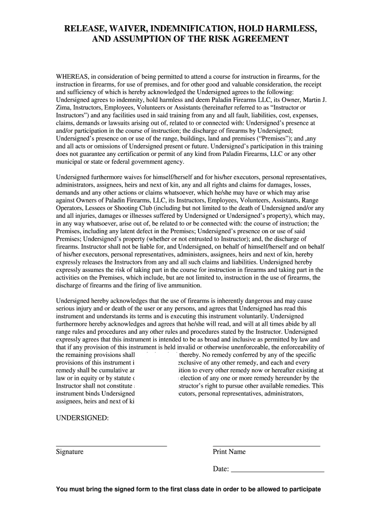 Fillable Online Firearms Training Indemnification Agreement Fax Email ...