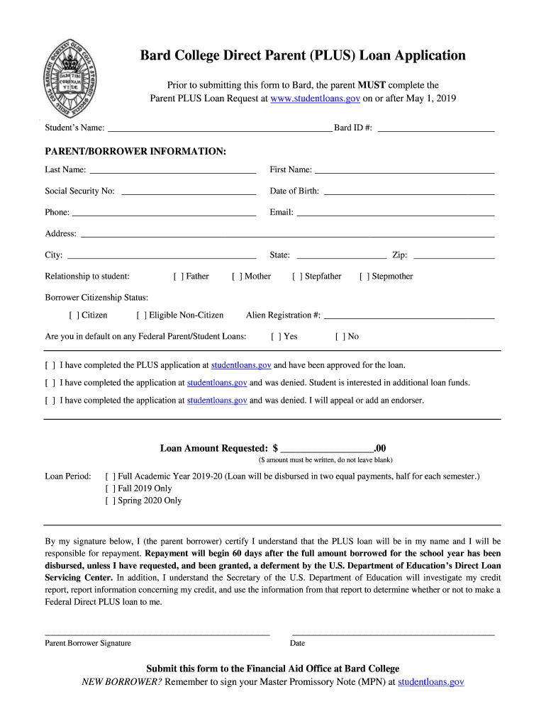 Fillable Online Bard College Direct Parent (PLUS) Loan Application Fax Email Print - pdfFiller