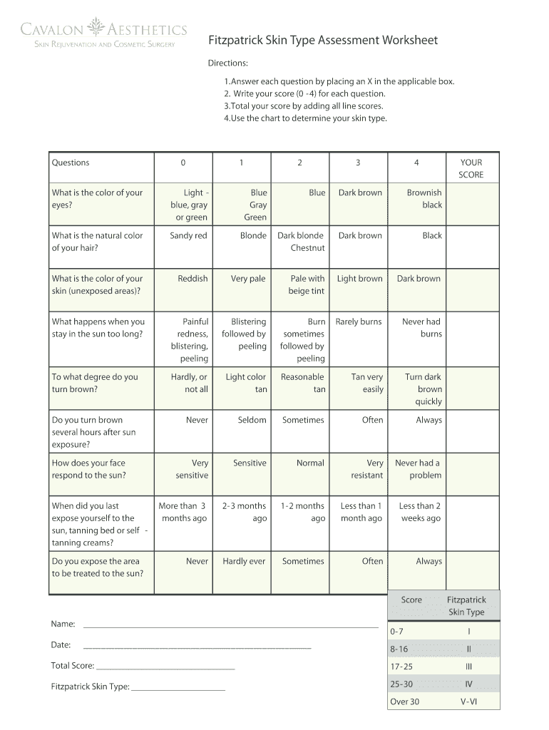 Fillable Online Fitzpatrick Skin Type Assessment Worksheet Fax Email ...