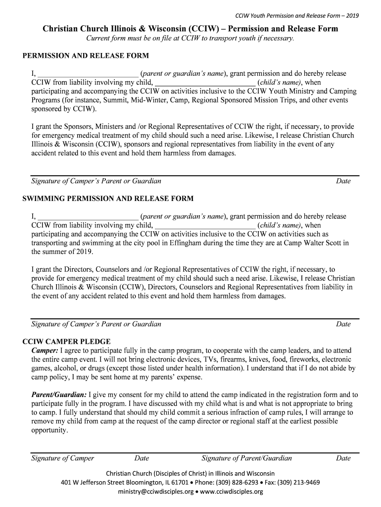 Fillable Online CCIW Camp Release Forms Fax Email Print - pdfFiller