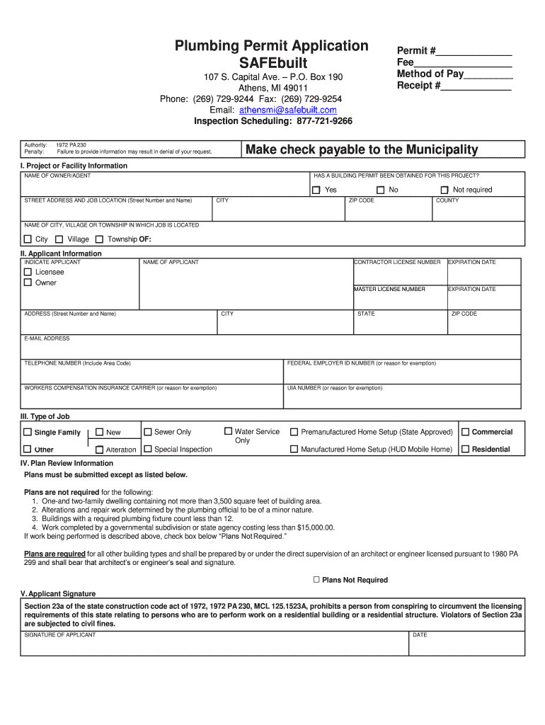 Fillable Online Plumbing Permit Application SAFEbuilt - Village of Paw ...