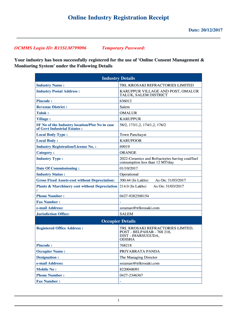 Online Industry Registration Receipt - Fill Online, Printable, Fillable ...