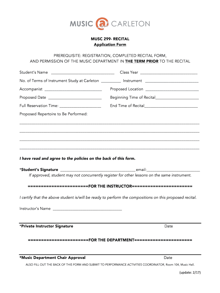 Fillable Online apps carleton StudentRecitalApplication Form.docx Fax Email Print - pdfFiller