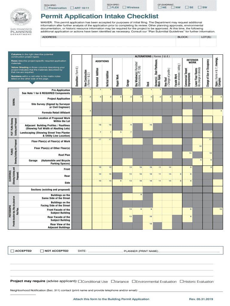 Fillable Online Permit Application Intake Checklist - San Francisco ...