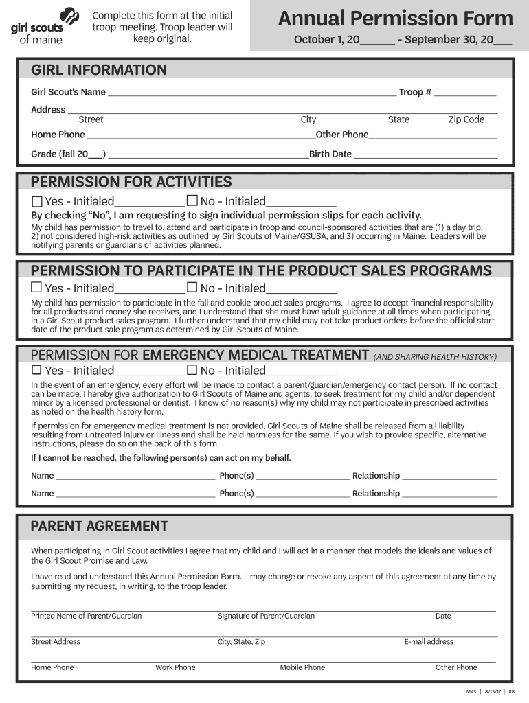 Fillable Online Girl Health History and Annual Permission Form - Girl ...